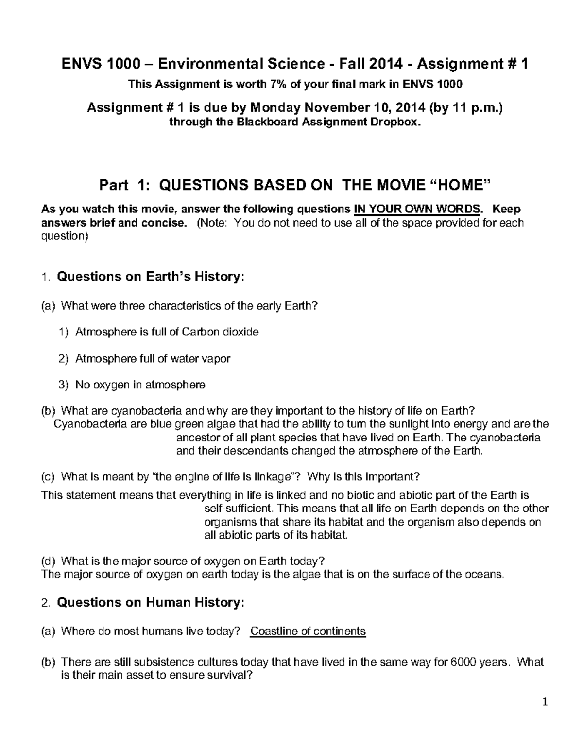 ENVS 1000 – Environmental Science - Fall 2014 - Assignment # 1 - ENVS ...