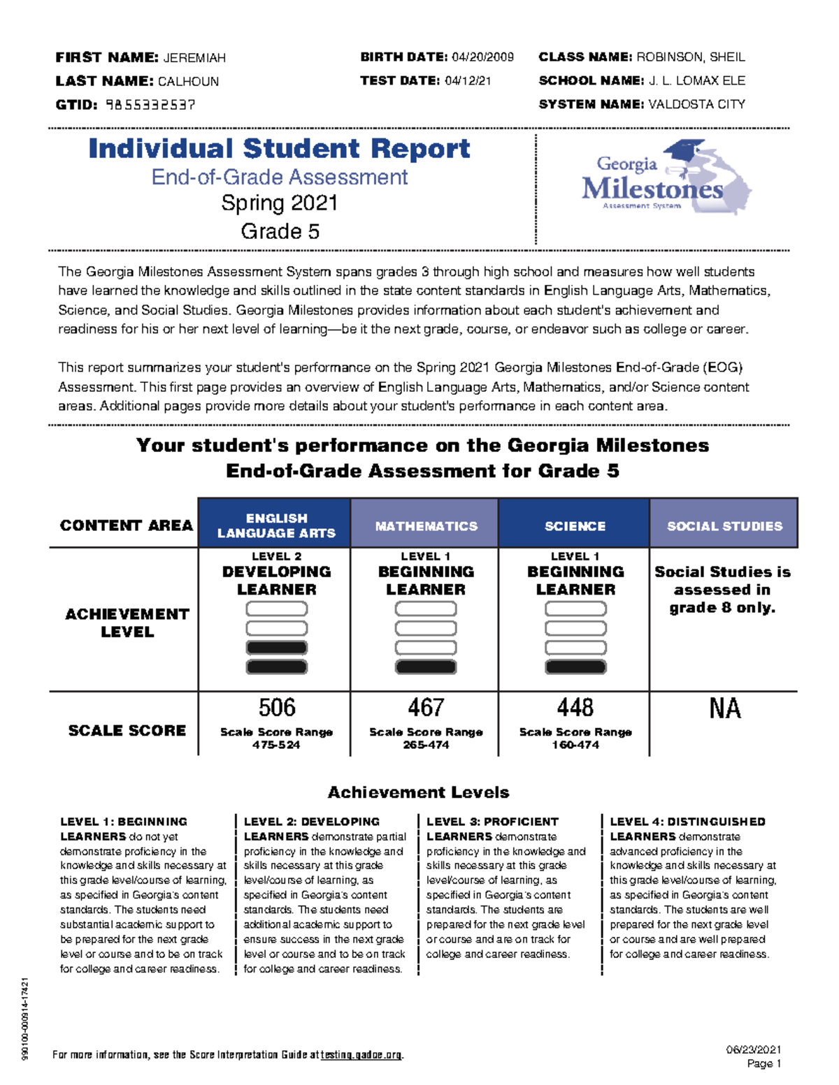Calhoun-Jeremiah 2021 Spring EOG ISR - Individual Student Report End-of ...