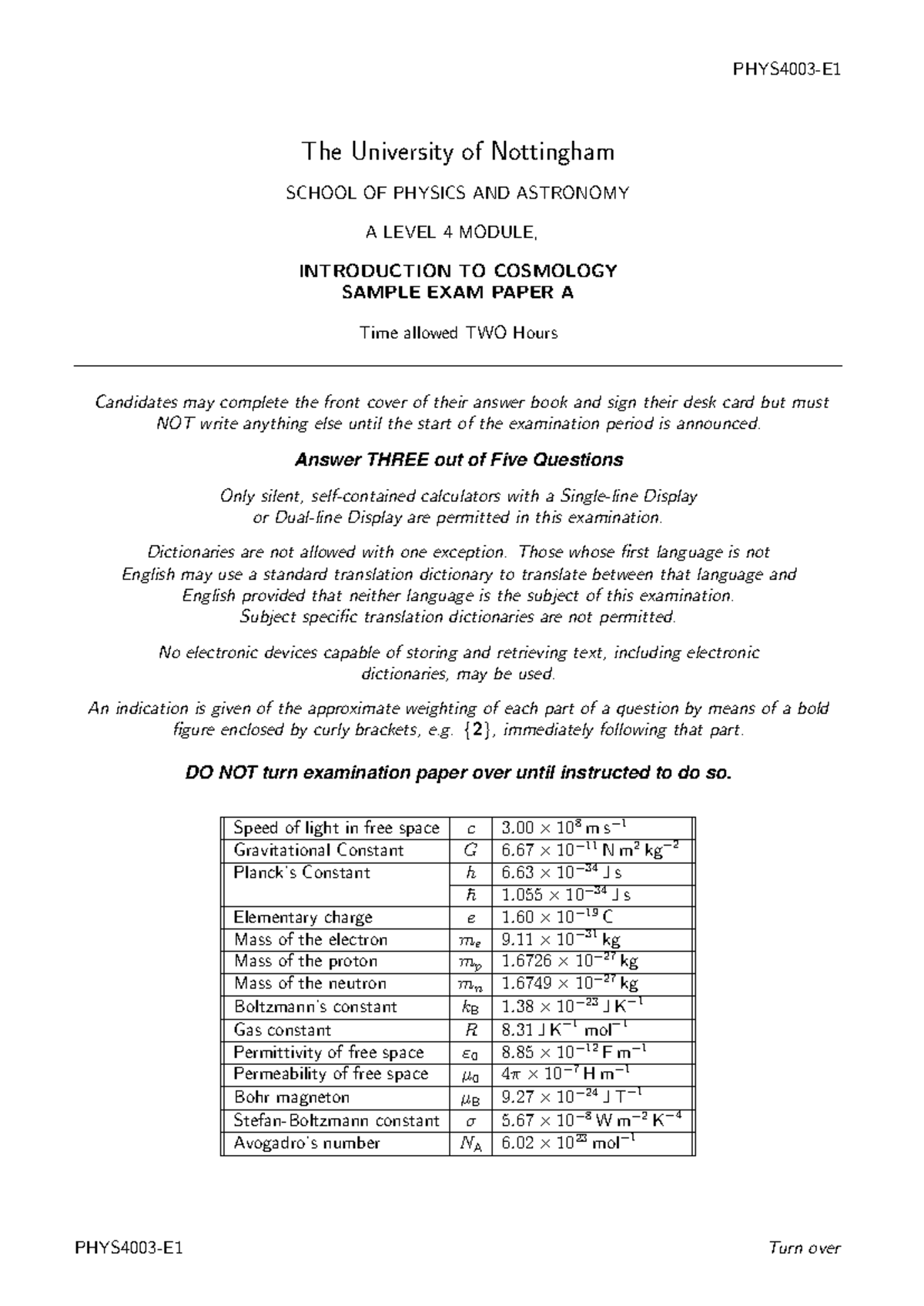 PHYS4003sampleexam A - Cosmology practice exam. - The University of ...