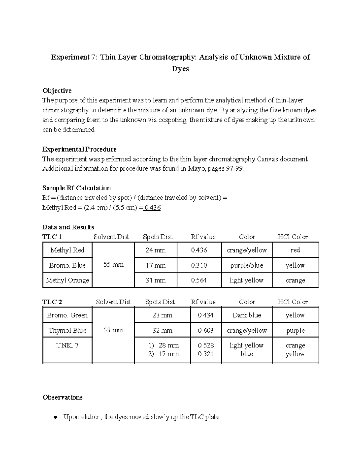 Orgo Lab 7 - Lab Report 7 - Experiment 7: Thin Layer Chromatography ...