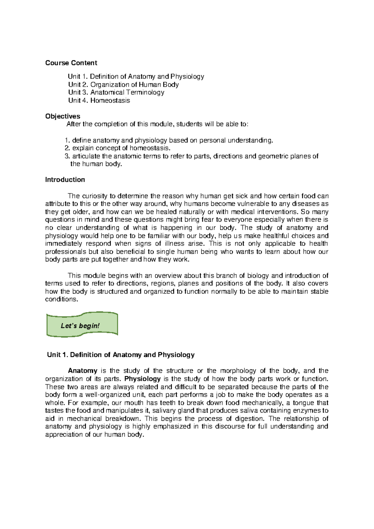 Module-1 - ANAPHY - Course Content Unit 1. Definition of Anatomy and ...