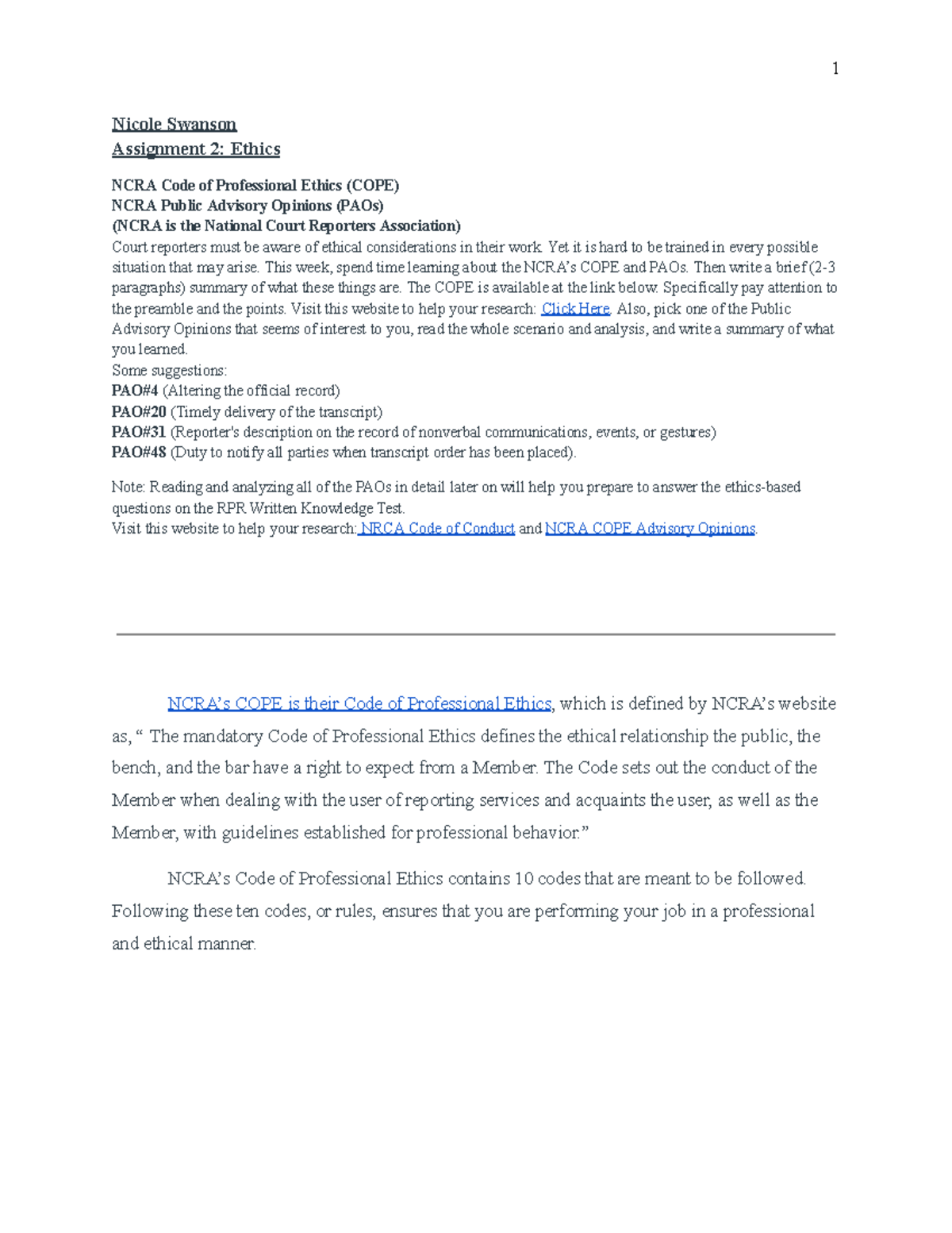 Assignment 2 Ethics - Court Reporting Internship Class Nicole Swanson - Nicole Swanson ...