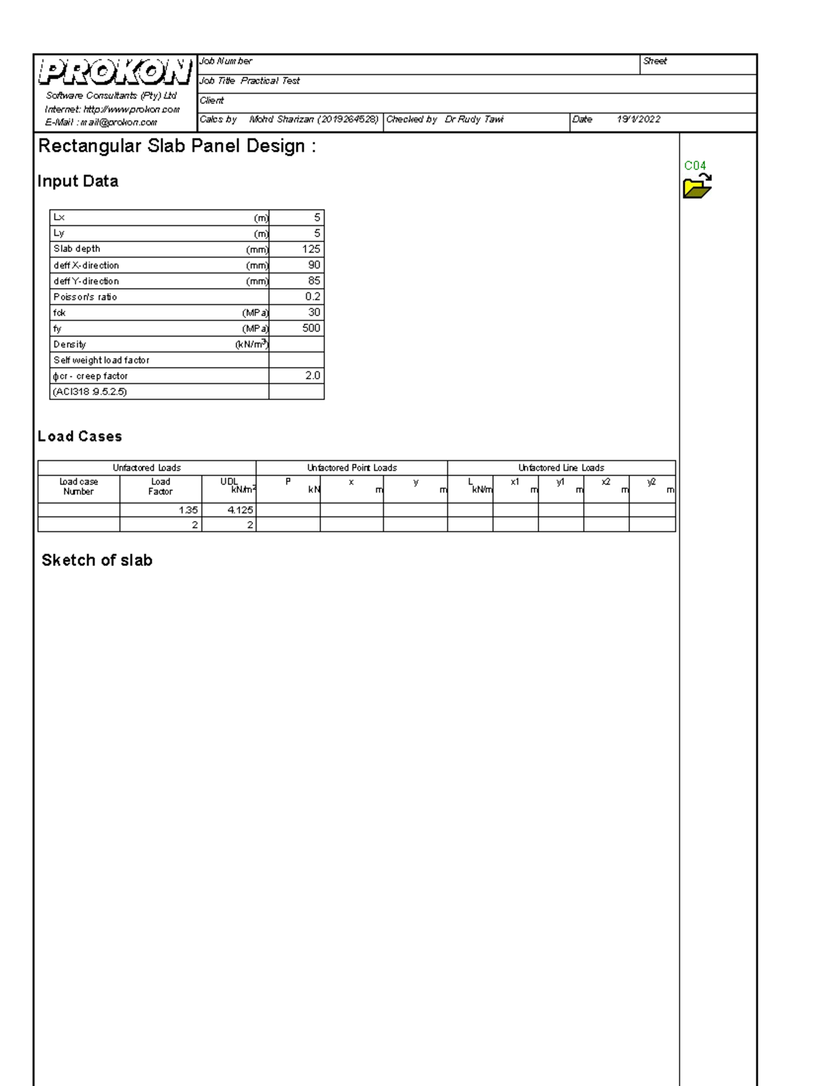 output of the design slab from Prokon - Rectangular Slab Panel Design ...