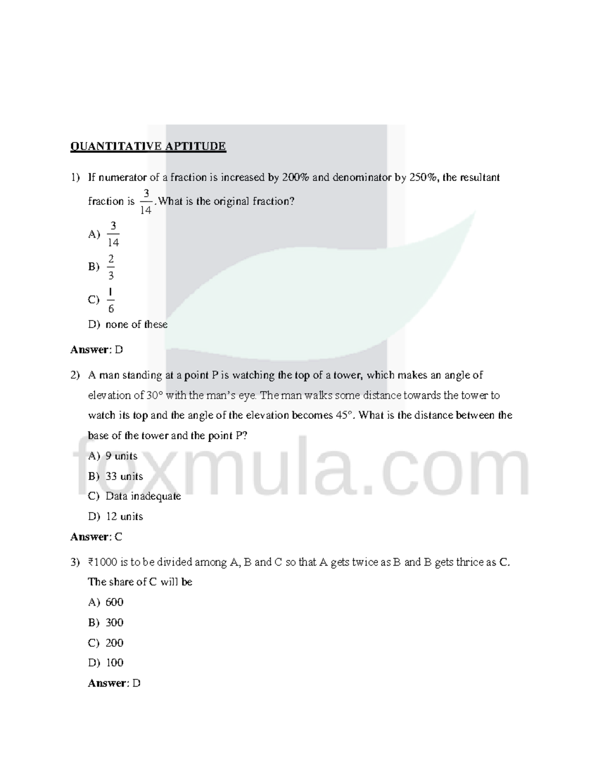 Aptitude Paper 1 - We made it for practice - QUANTITATIVE APTITUDE If ...