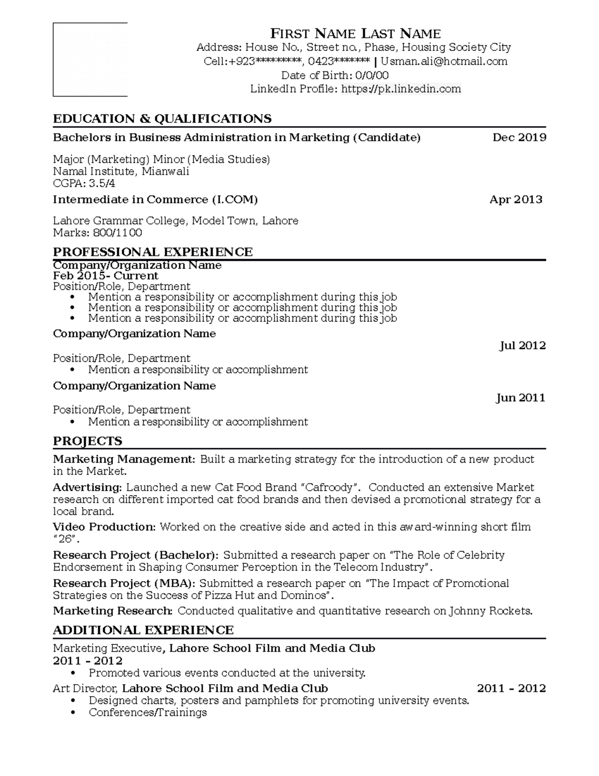 Resume format - Practice Material - FIRST NAME LAST NAME Address: House ...