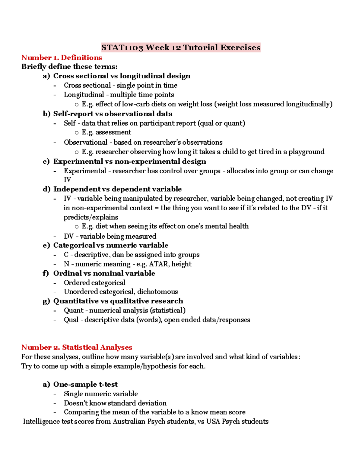 STAT1103 Week 12 Tutorial Exercises - STAT1103 Week 12 Tutorial Exercises Number 1. Definitions ...