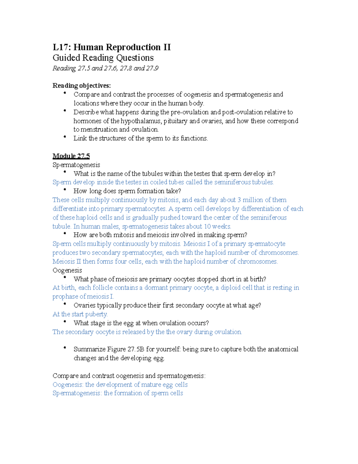 Lesson 17 GRQ Biology 101 - L17: Human Reproduction II Guided Reading ...