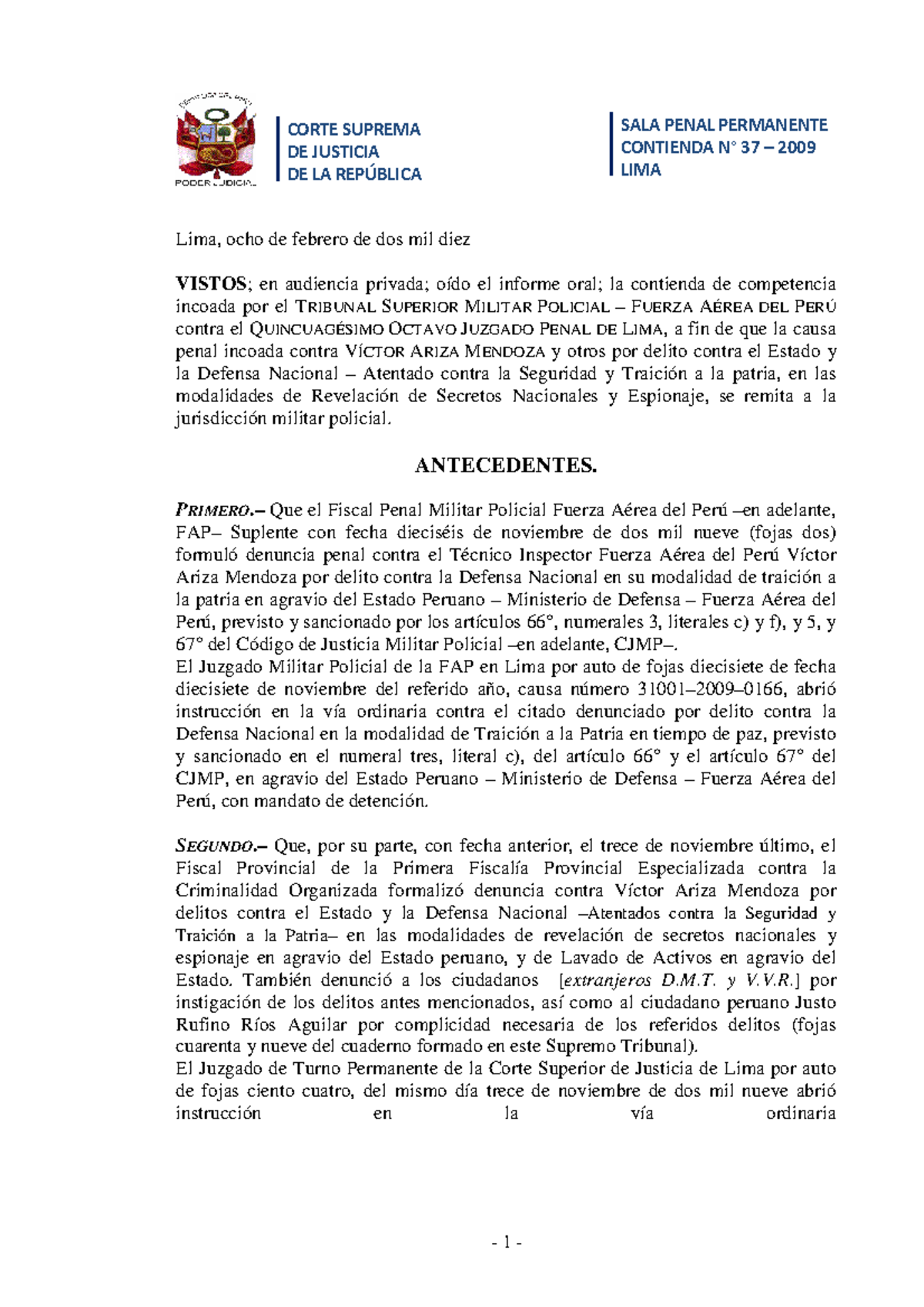 Contienda DE Competencia CASO Ariza - CORTE SUPREMA DE JUSTICIA DE LA ...