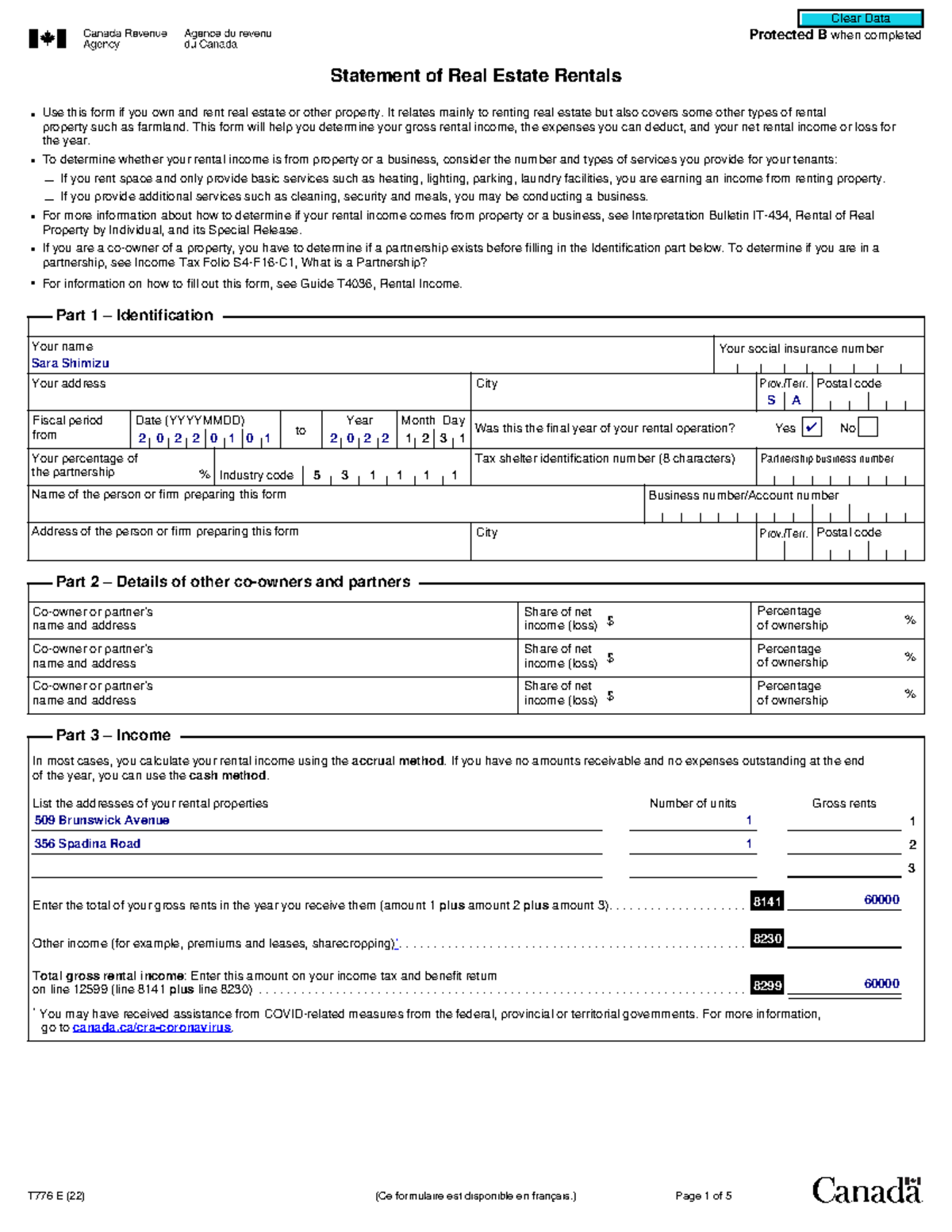T776-fill-22e - Rental Income Tax Practical Task - Protected B when ...