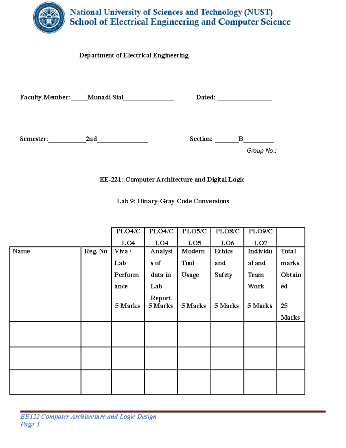 LAB9 - EE122 Computer Architecture and Logic Design lab report. - Department of Electrical - Studocu