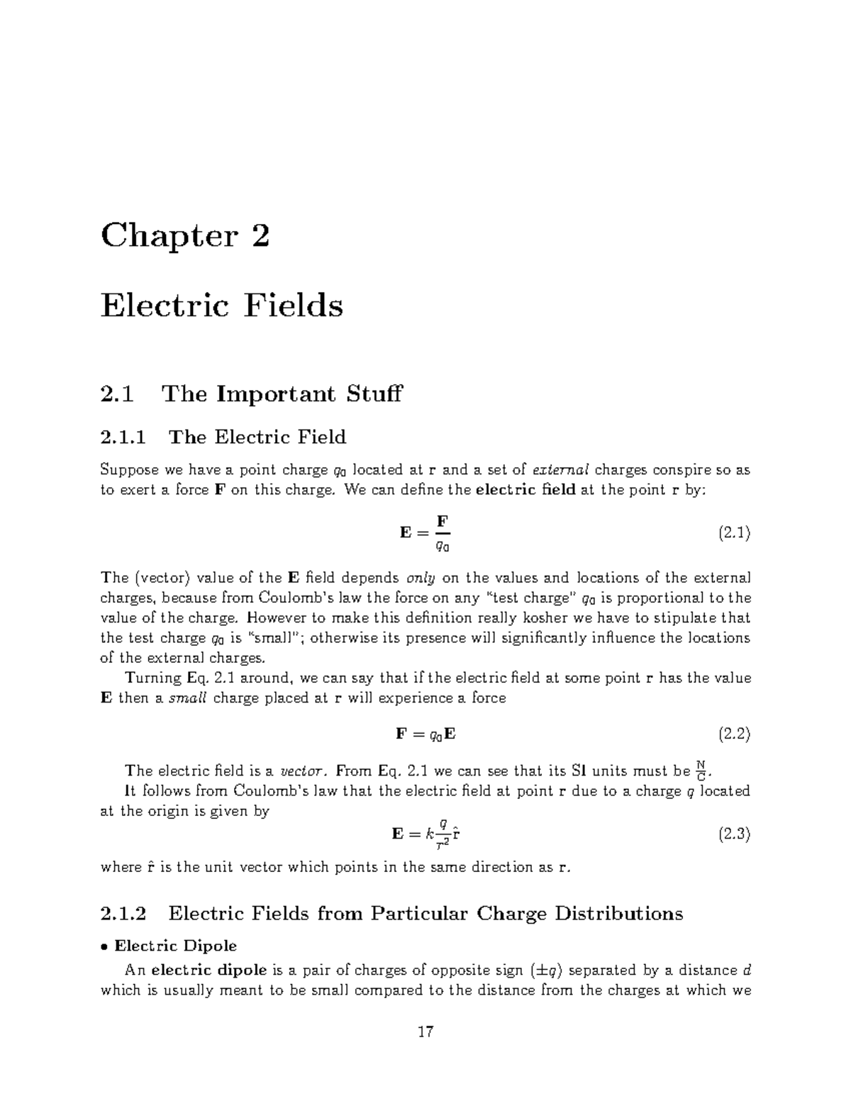 V4chap2 - N/A - Chapter 2 Electric Fields 2 The Important Stuff 2.1 The ...