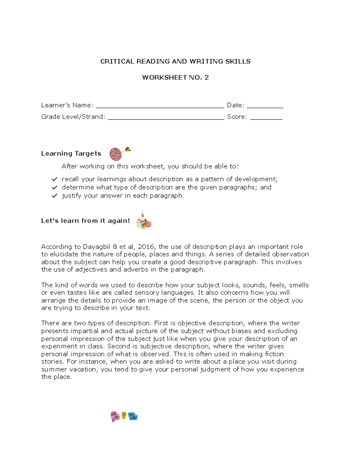 Worksheet NO. 2 in Reading and Writing Skills - CRITICAL READING AND ...
