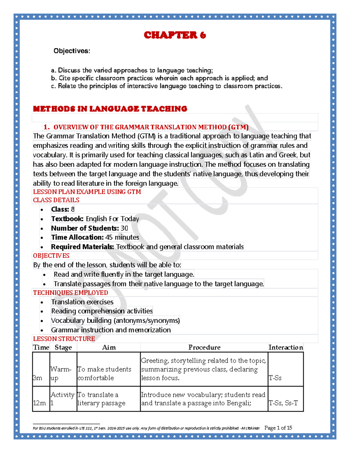 LTE-111- Chapter-6 - NONE - CHAPTER 6 Objectives: METHODS IN LANGUAGE TEACHING 1. OVERVIEW OF ...