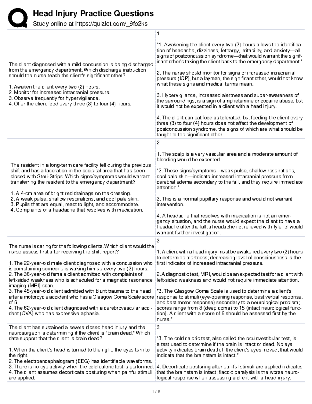 Head Injury Practice Questions - Study online at quizlet/_9fo2ks The ...