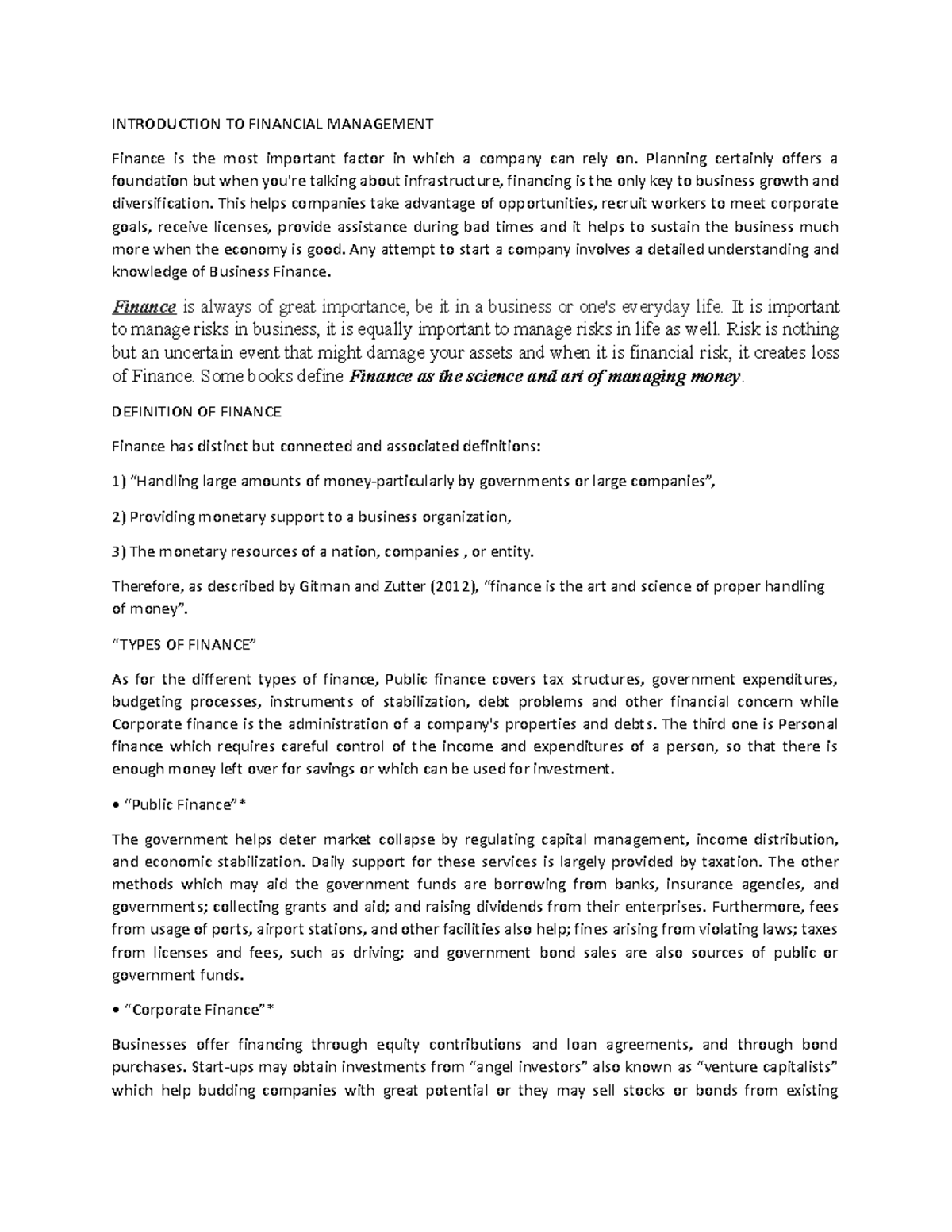 Finance Note module 1 - notes - INTRODUCTION TO FINANCIAL MANAGEMENT ...