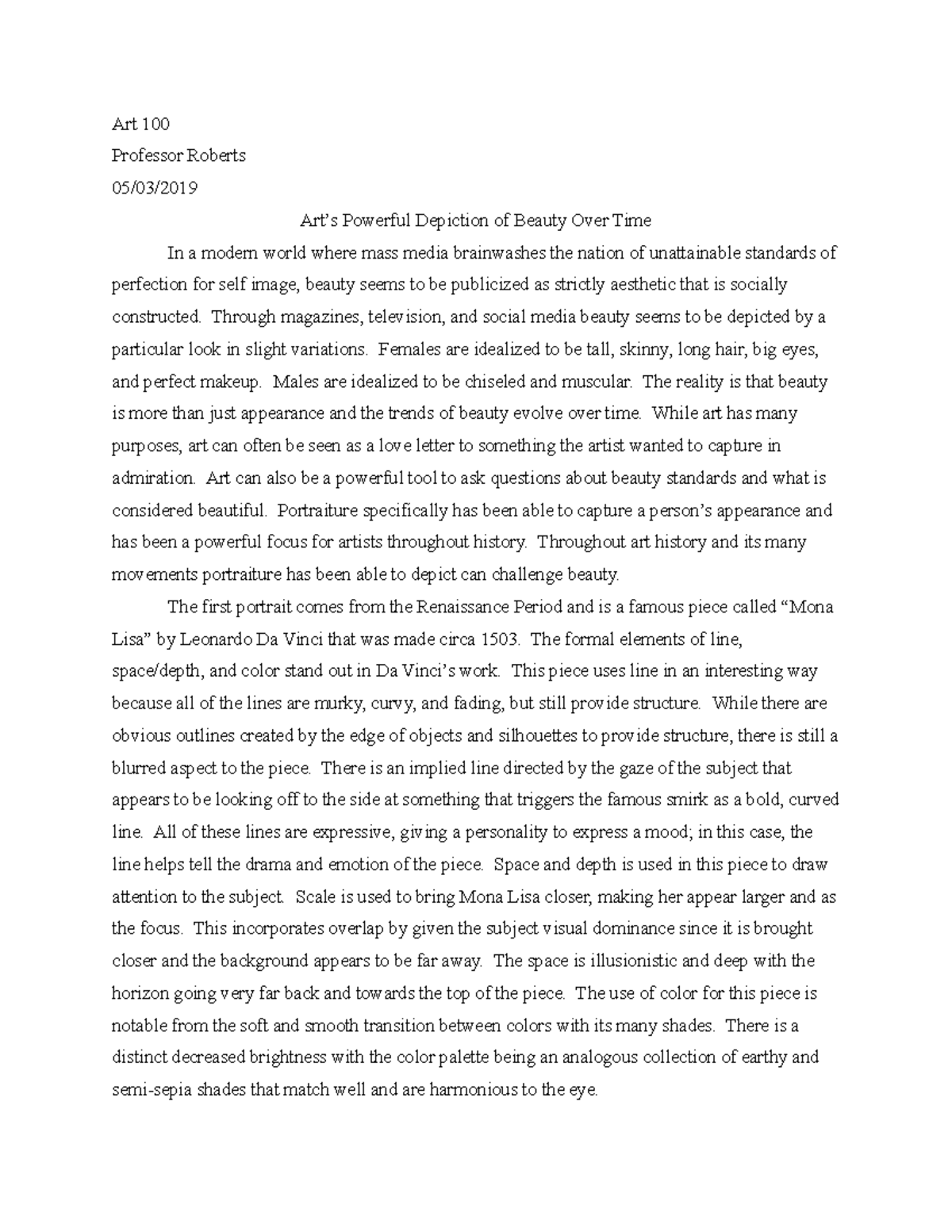 ART 100 final written assignment - Art 100 Professor Roberts 05/03/ Art ...