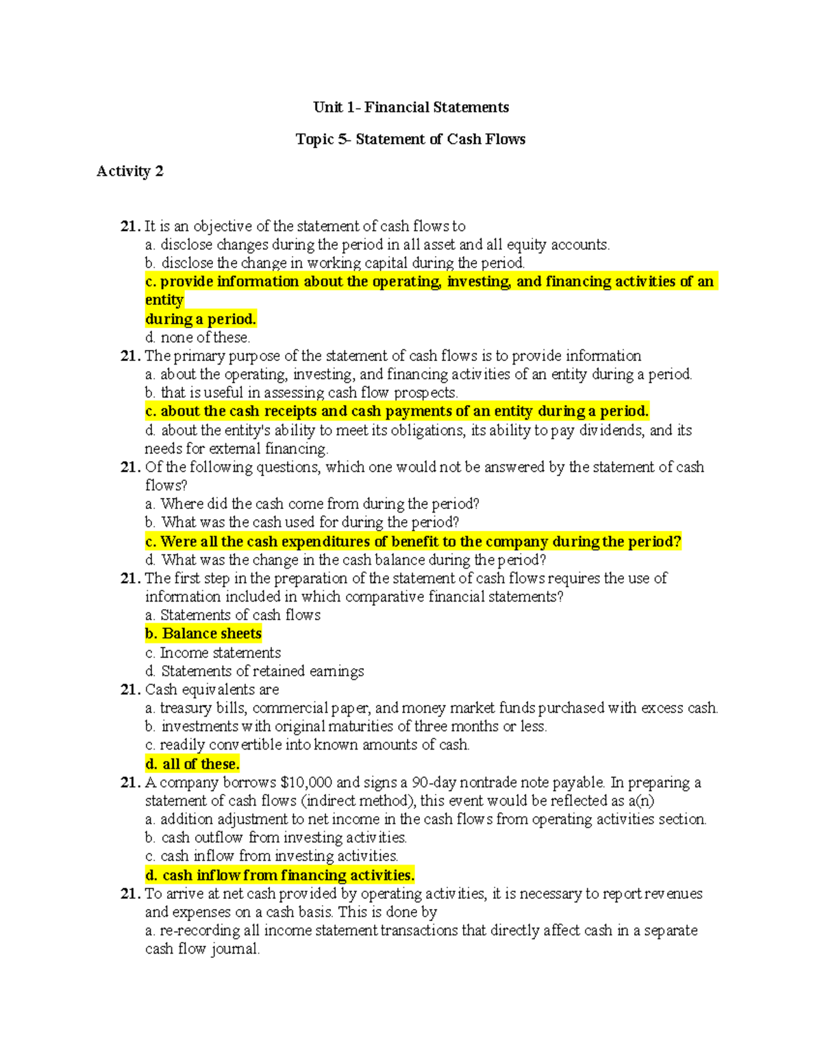 Unit 1 Statement of Cash Flows - Unit 1- Financial Statements Topic 5 ...