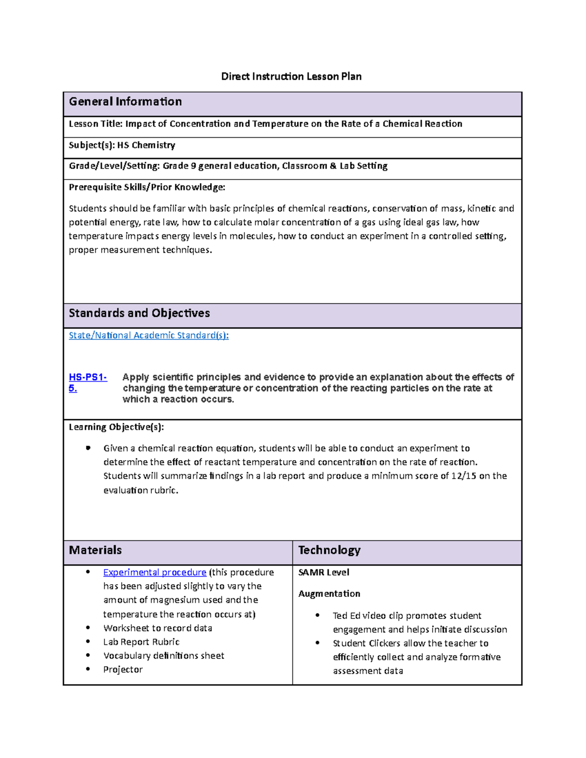 D172 - Sample Lesson Plan High School Chemistry - Direct Instruction Lesson Plan General ...