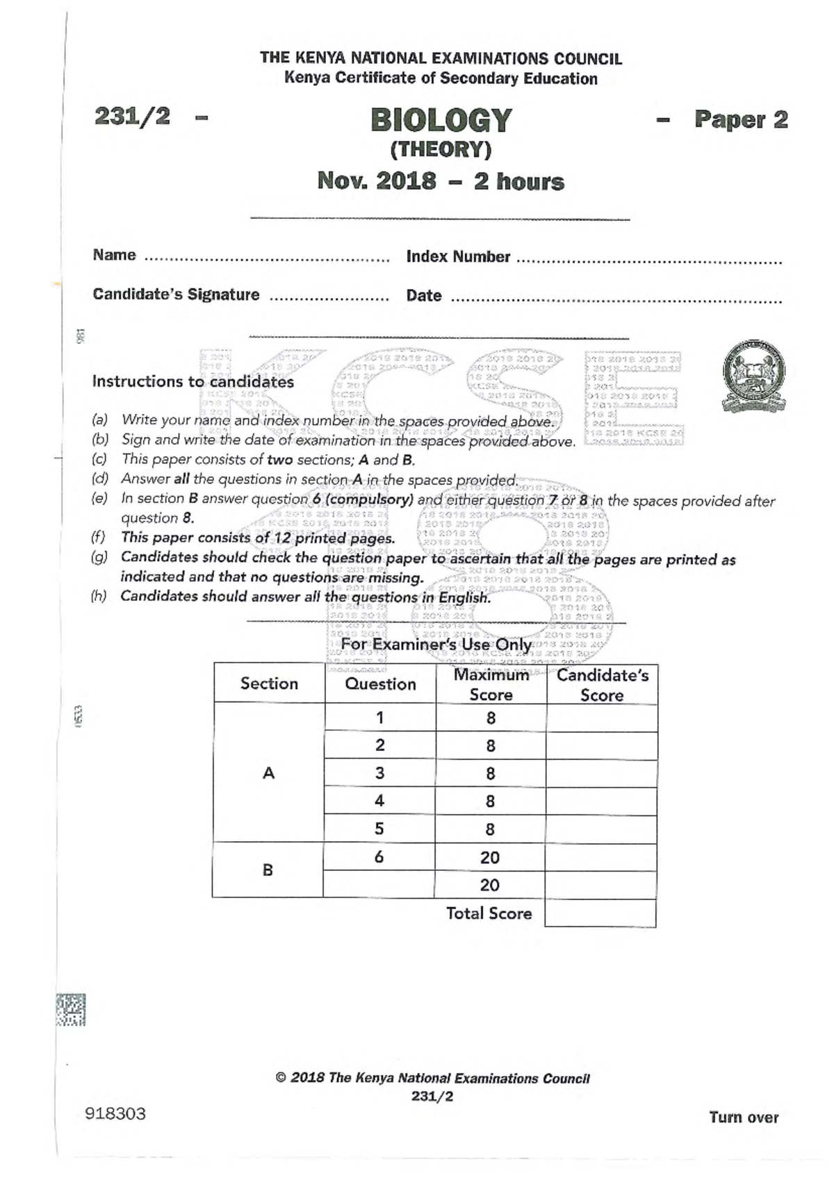 KCSE 2018 KNEC BIO PP2 - Bed science - Studocu