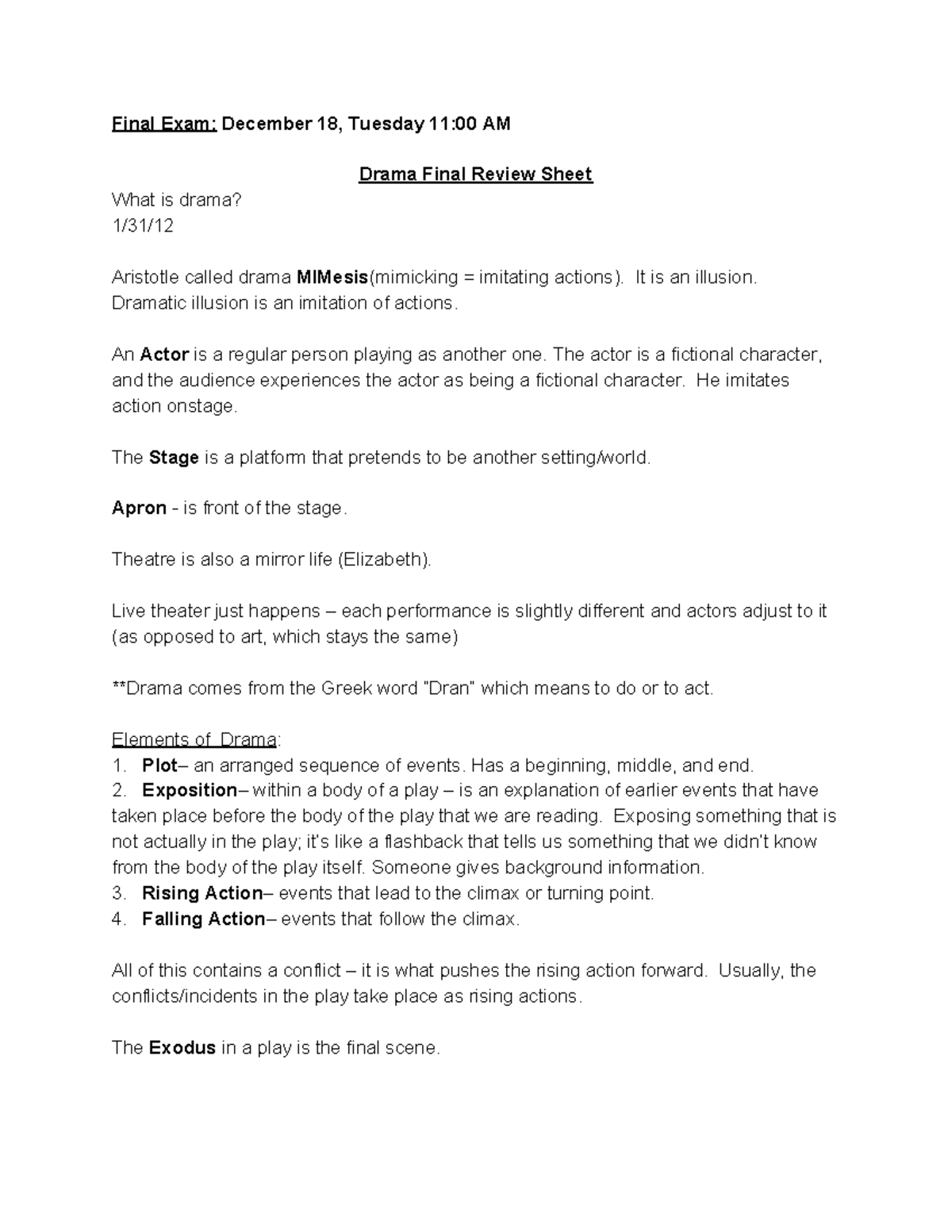 All Notes - Final Exam: December 18, Tuesday 11:00 AM Drama Final ...