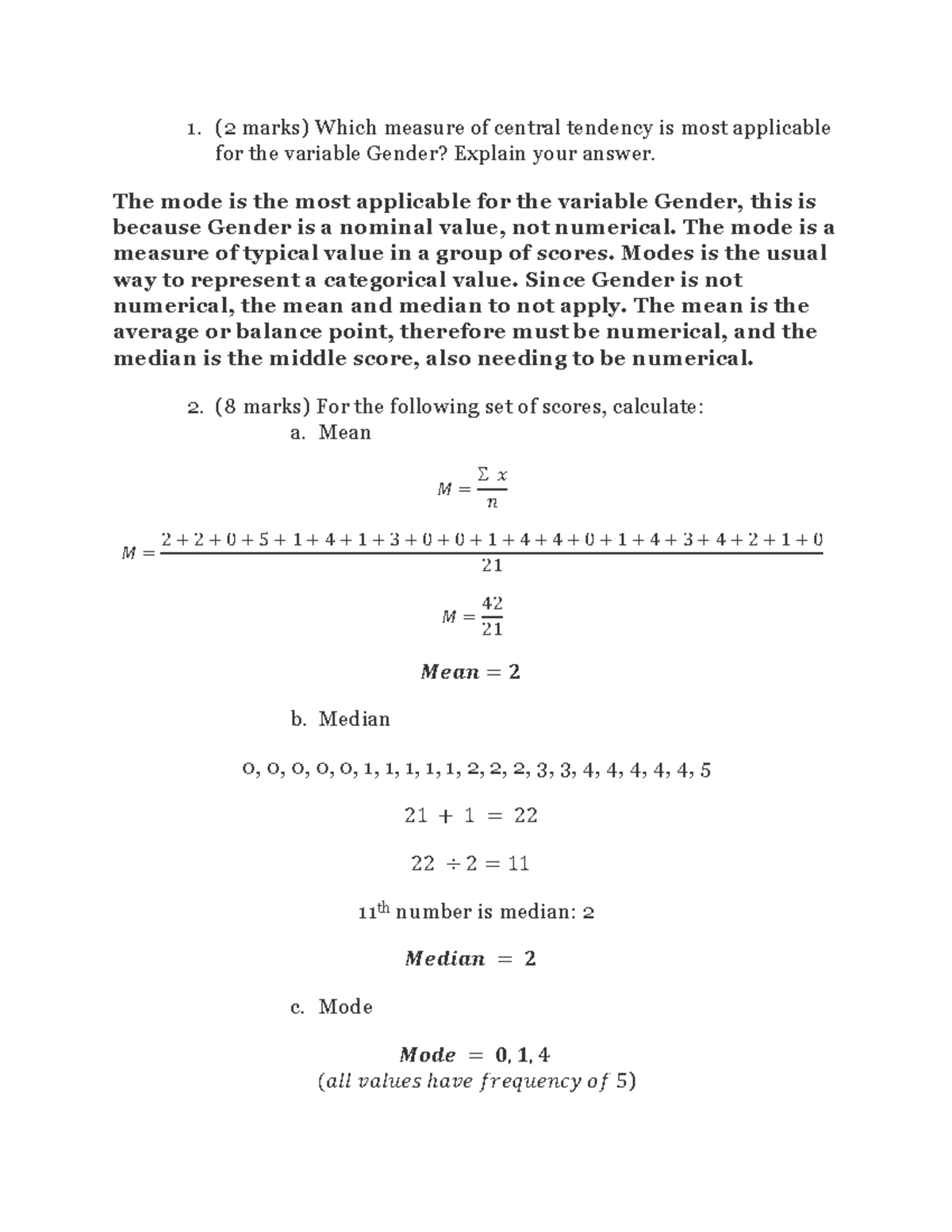 SOCI301 Assignment 2 - (2 marks) Which measure of central tendency is ...