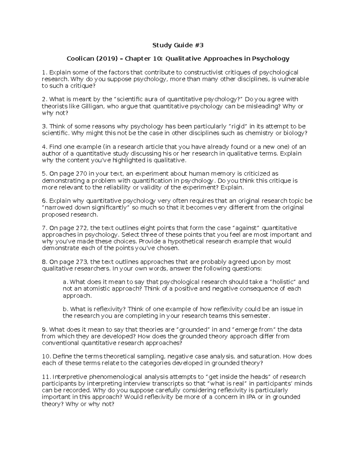 2780 Study Guide #3 Ch 10 - Study Guide # Coolican (2019) – Chapter 10 ...