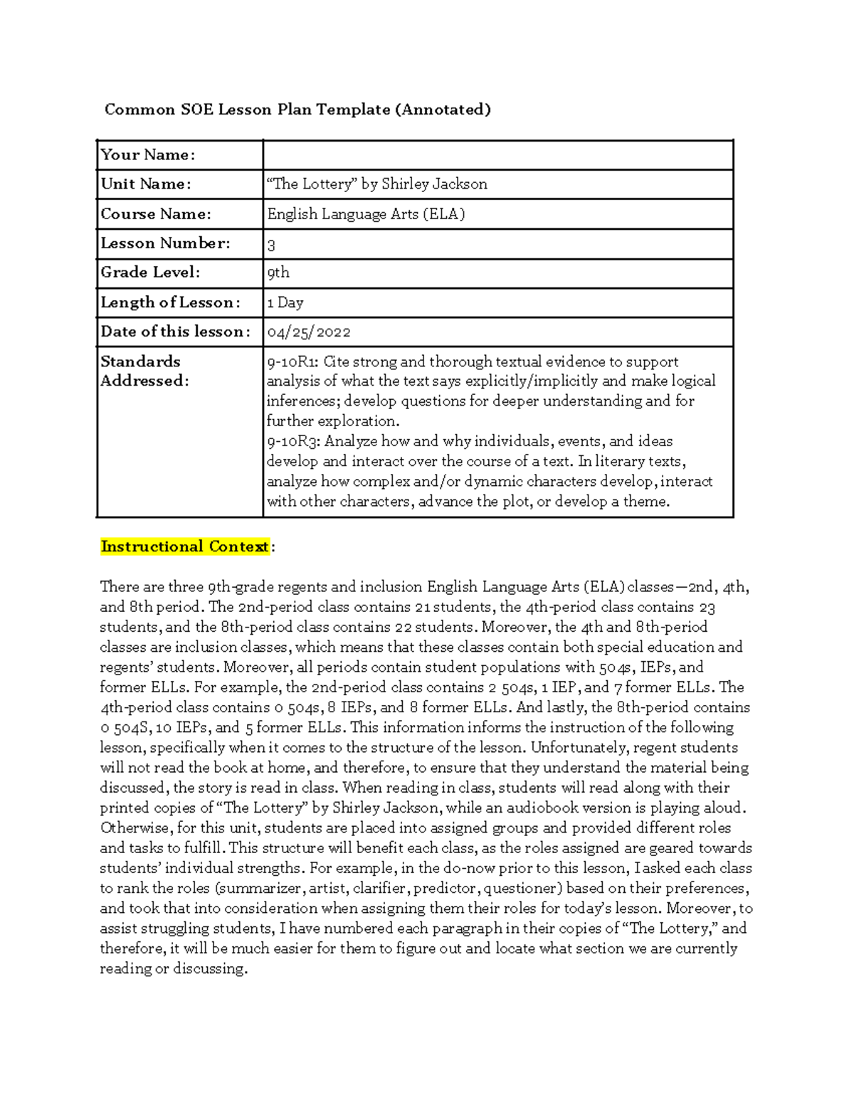 The Lottery Lesson Plan - Common SOE Lesson Plan Template (Annotated ...