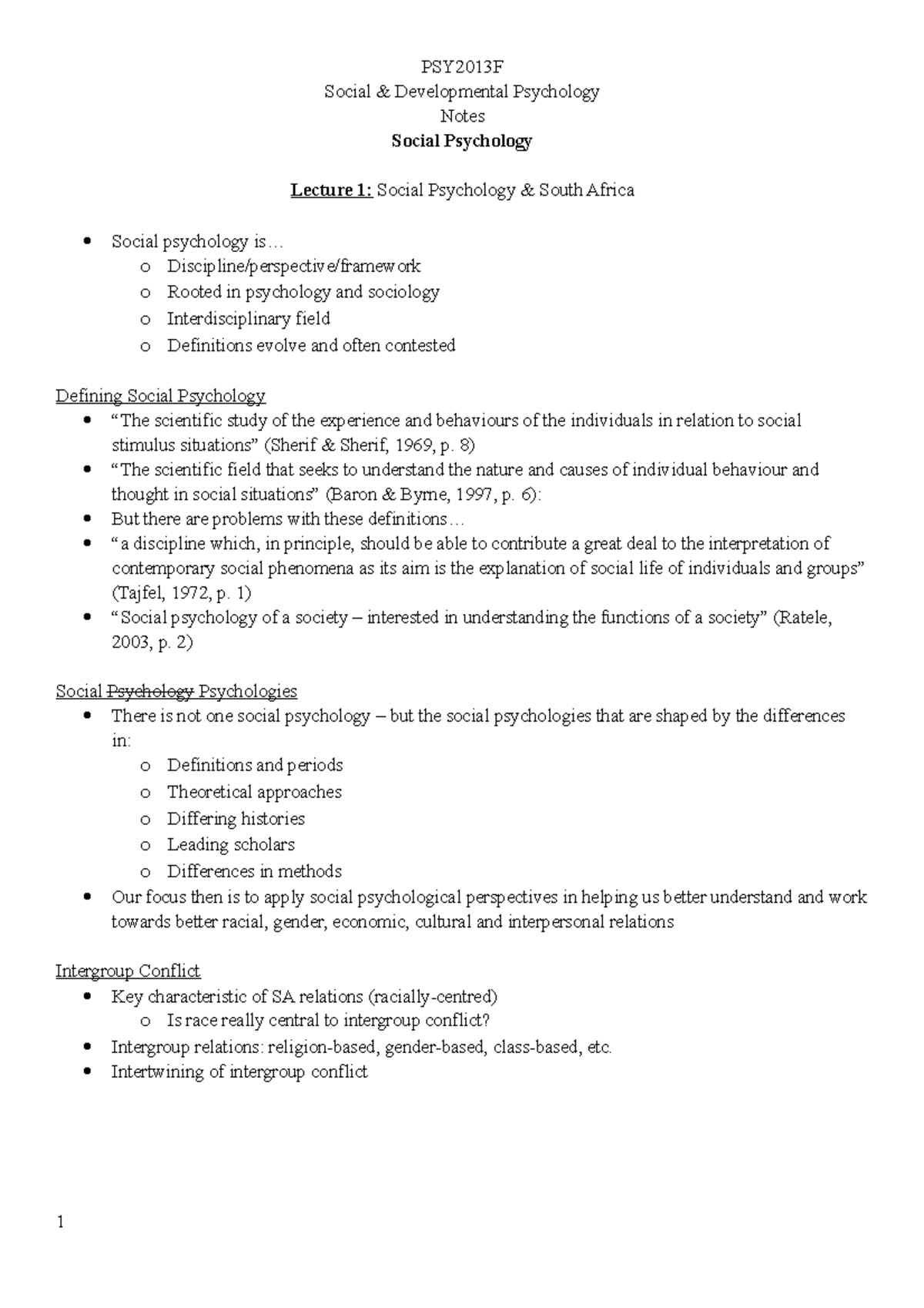 1st Class: PSY2013F Notes - PSY2013F Social & Developmental Psychology ...