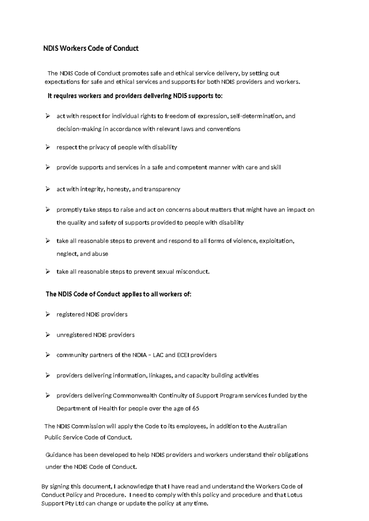 NDIS Workers Code of Conduct - It requires workers and providers ...