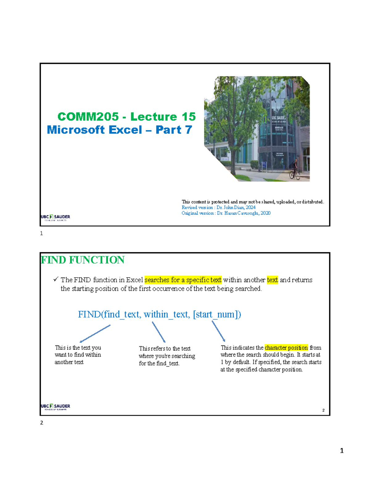 COMM 205 - Lecture 15 - COMM205 - Lecture 15 Microsoft Excel – Part 7 This content is protected ...