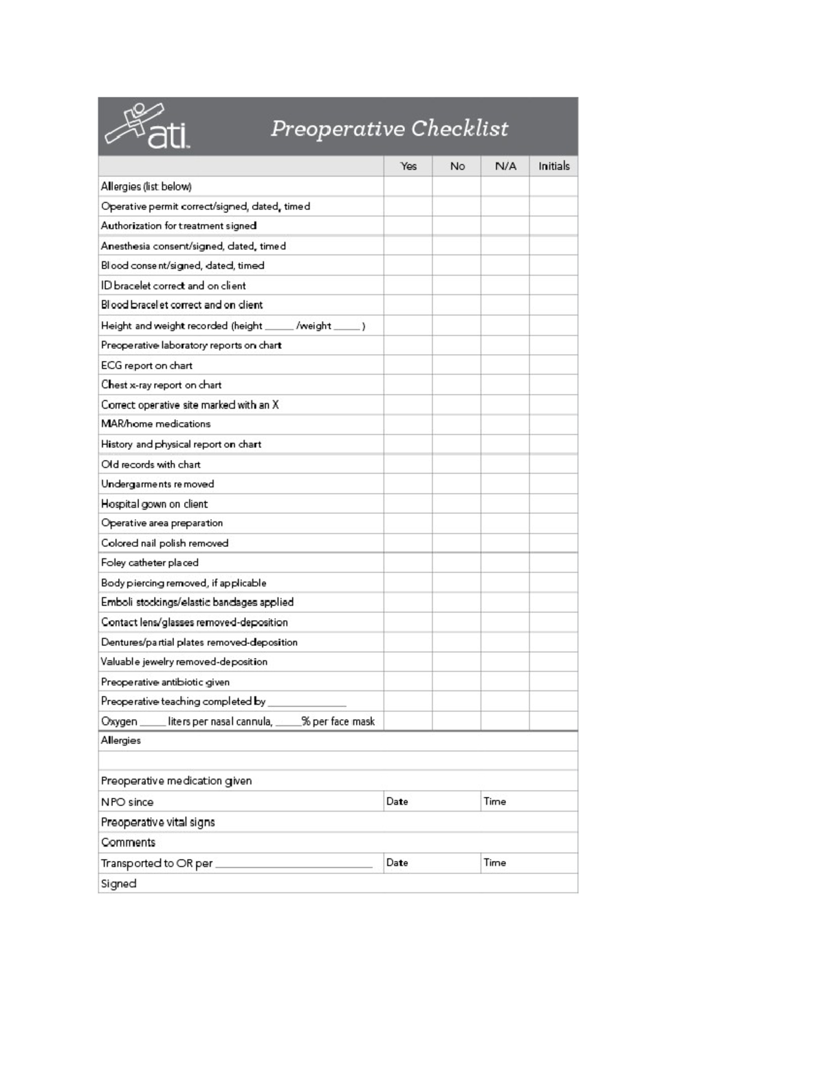 Preoperative checklist - NURS 150 - Studocu