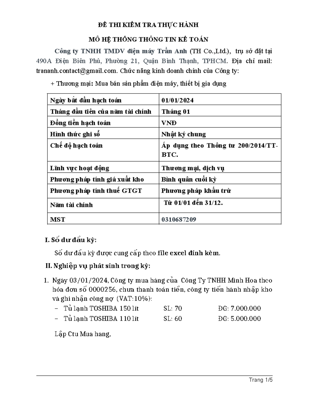 DE KT Co Bich -SDDK - thue - ĐỀ THI KIỂM TRA THỰC HÀNH MÔ HỆ THỐNG THÔNG TIN KẾ TOÁN Công ty ...