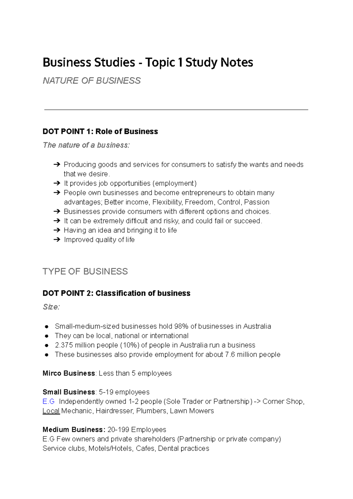 Business Studies - Notes - Business Studies - Topic 1 Study Notes ...