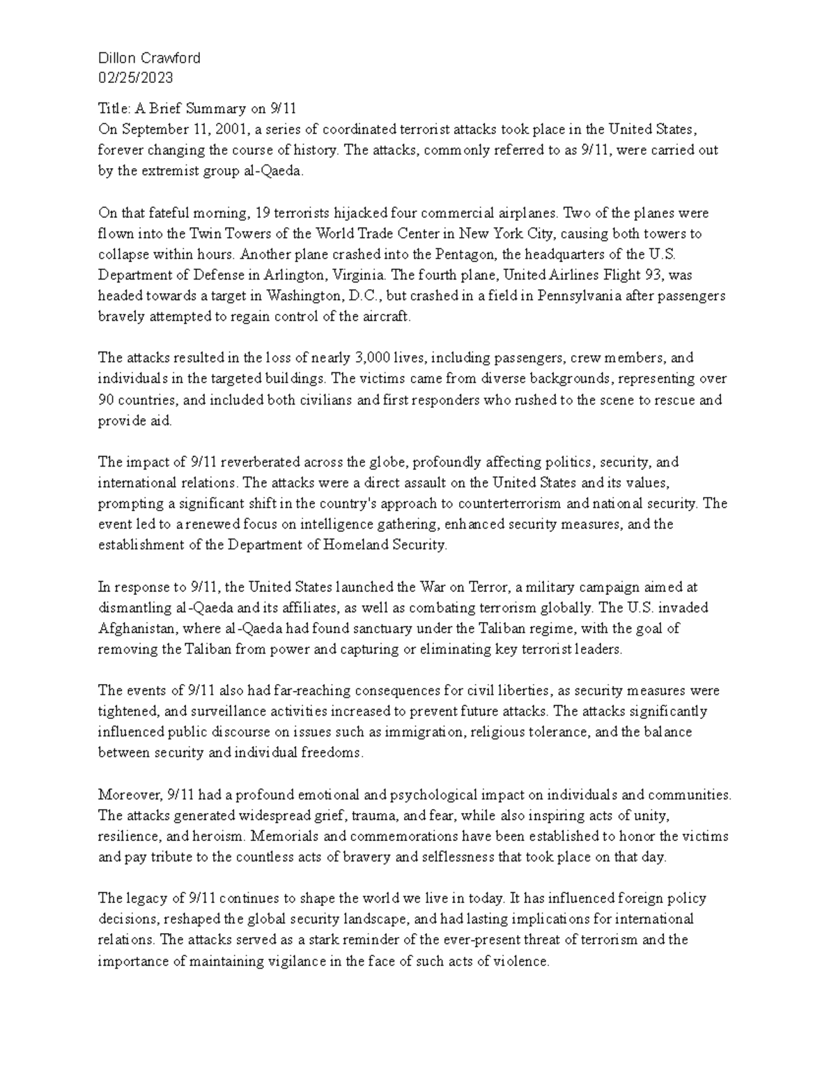 9 11 Summary Dillon Crawford 02 25 Title A Brief Summary On 9 On