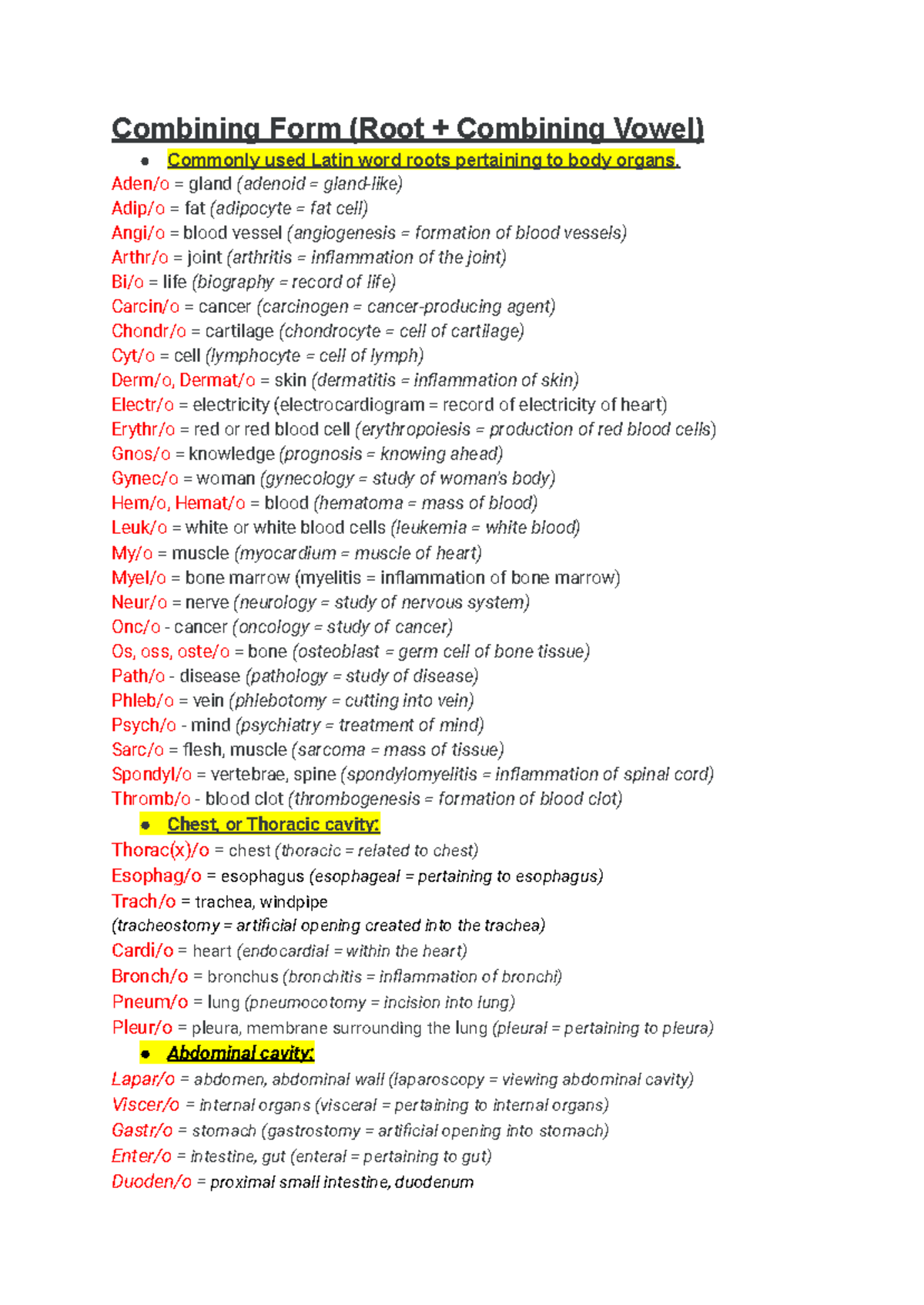 Untitled document - Study guide - Combining Form (Root Combining Vowel ...