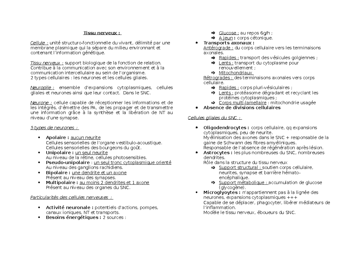 Tissu nerveux Fiche - Tissu nerveux : Cellule : unité structuro ...