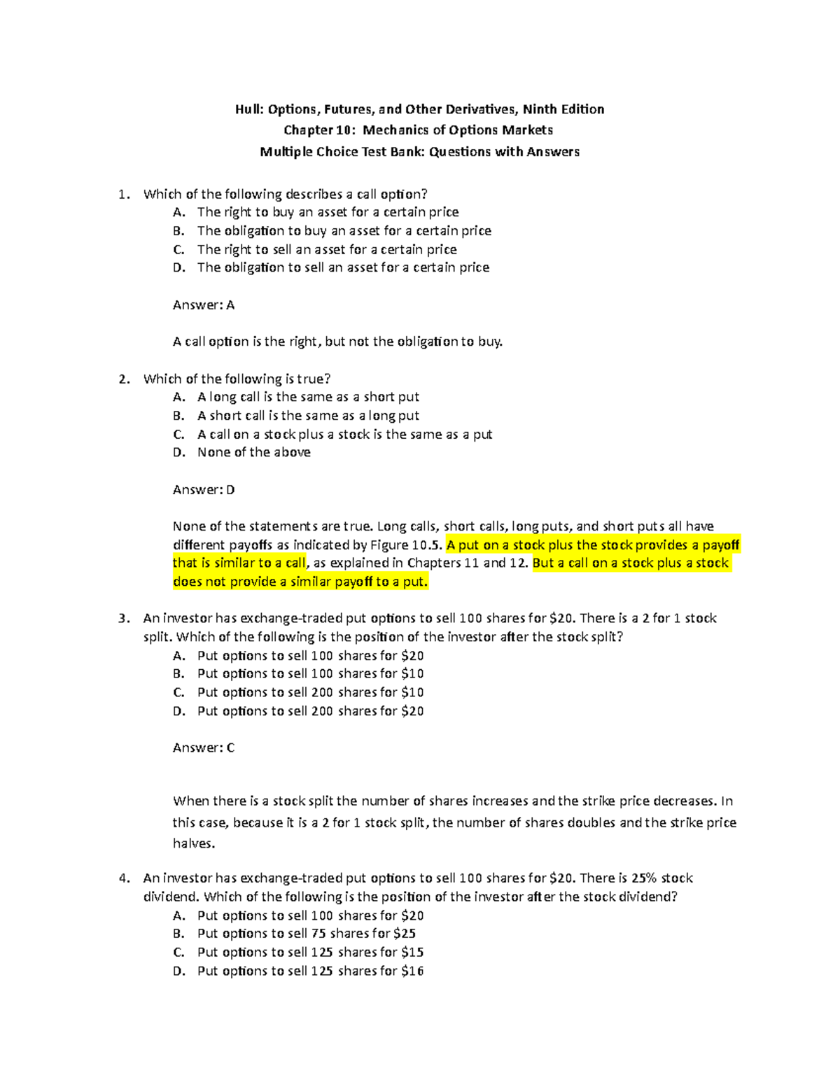 Hull OFOD9e Multiple Choice Questions and Answers Ch10 - Hull: Options, Futures, and Other - Studocu