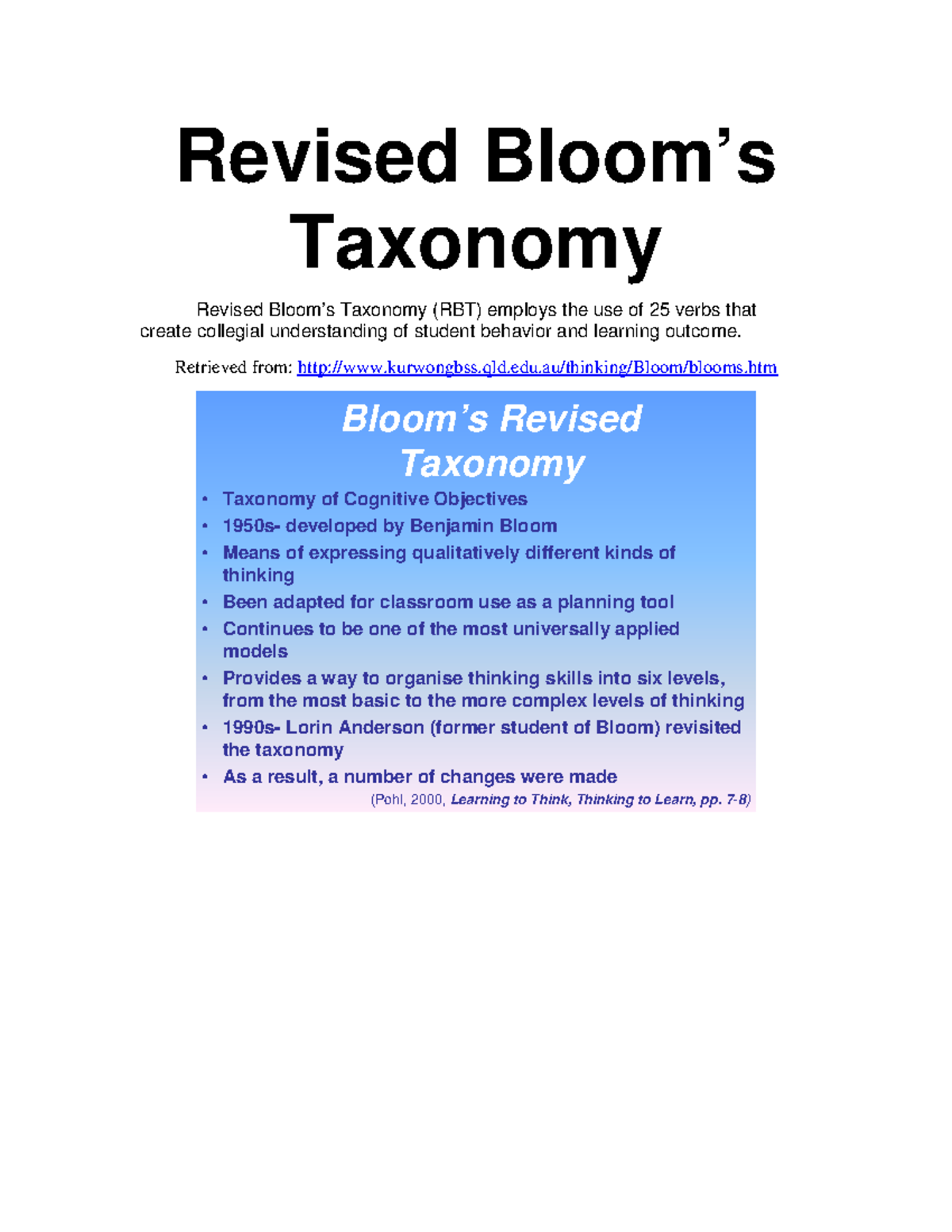 Blooms Tax - Revised Bloom’s Taxonomy Revised Bloom’s Taxonomy (RBT ...