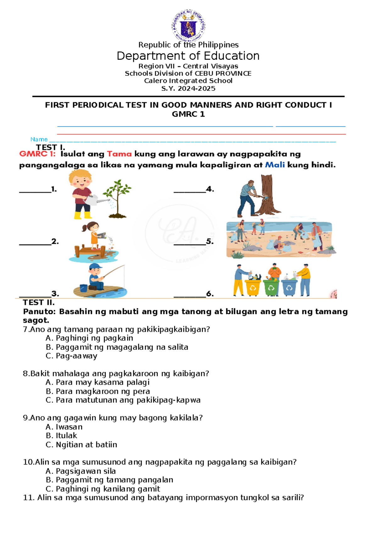 1ST- Periodical-TEST-IN GMRC-WITH-TOS - Republic of the Philippines ...