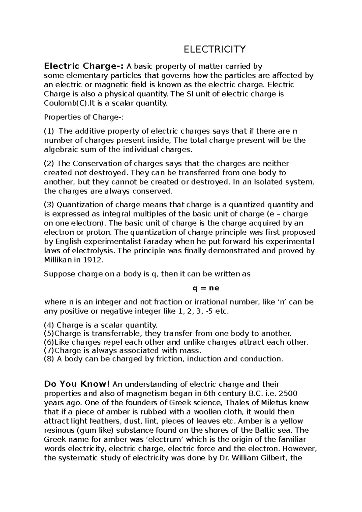 Junior Physics - Electricity - ELECTRICITY Electric Charge-: A basic ...