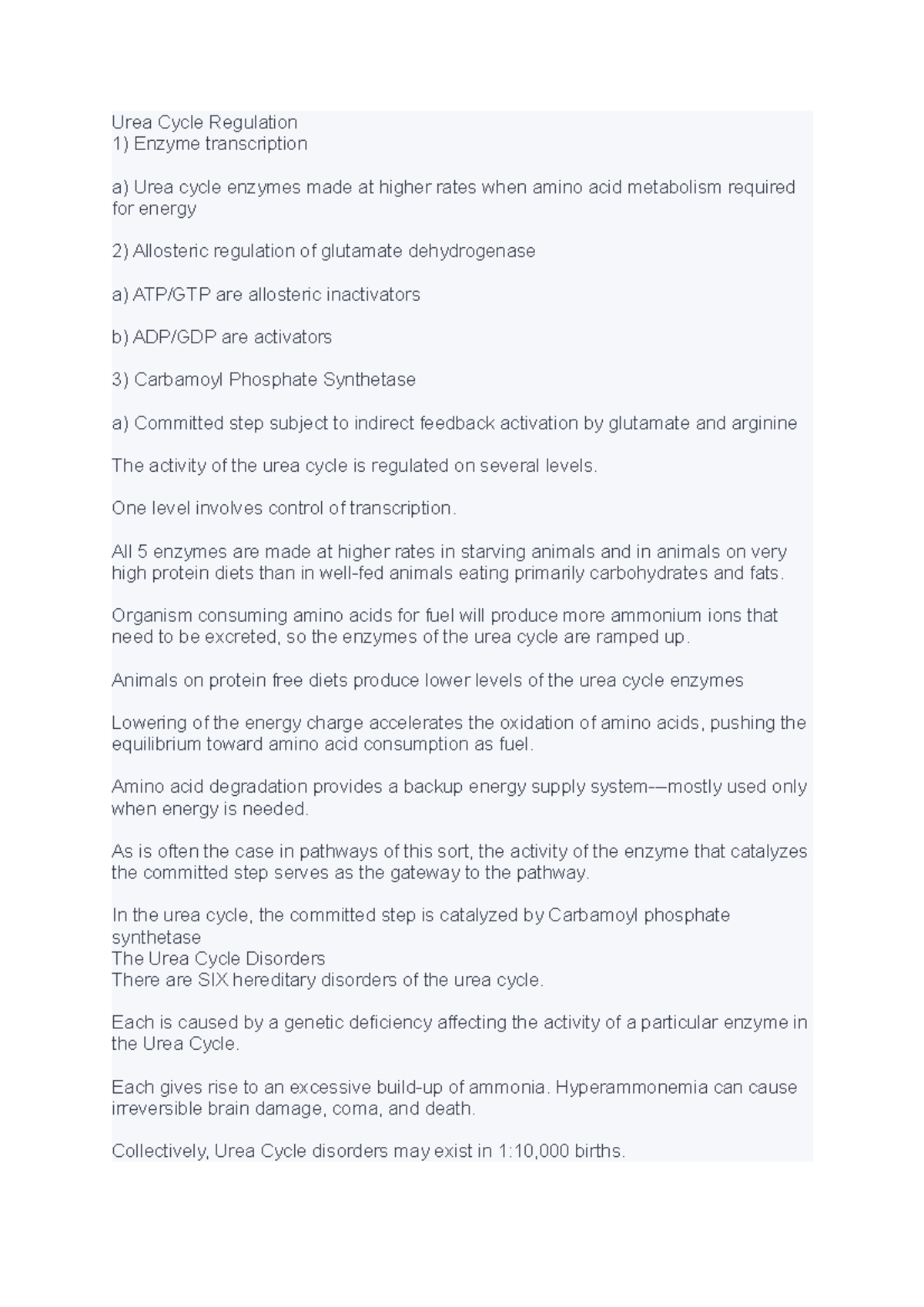 Urea Cycle Regulation - BIO - Urea Cycle Regulation Enzyme transcription a) Urea cycle enzymes ...