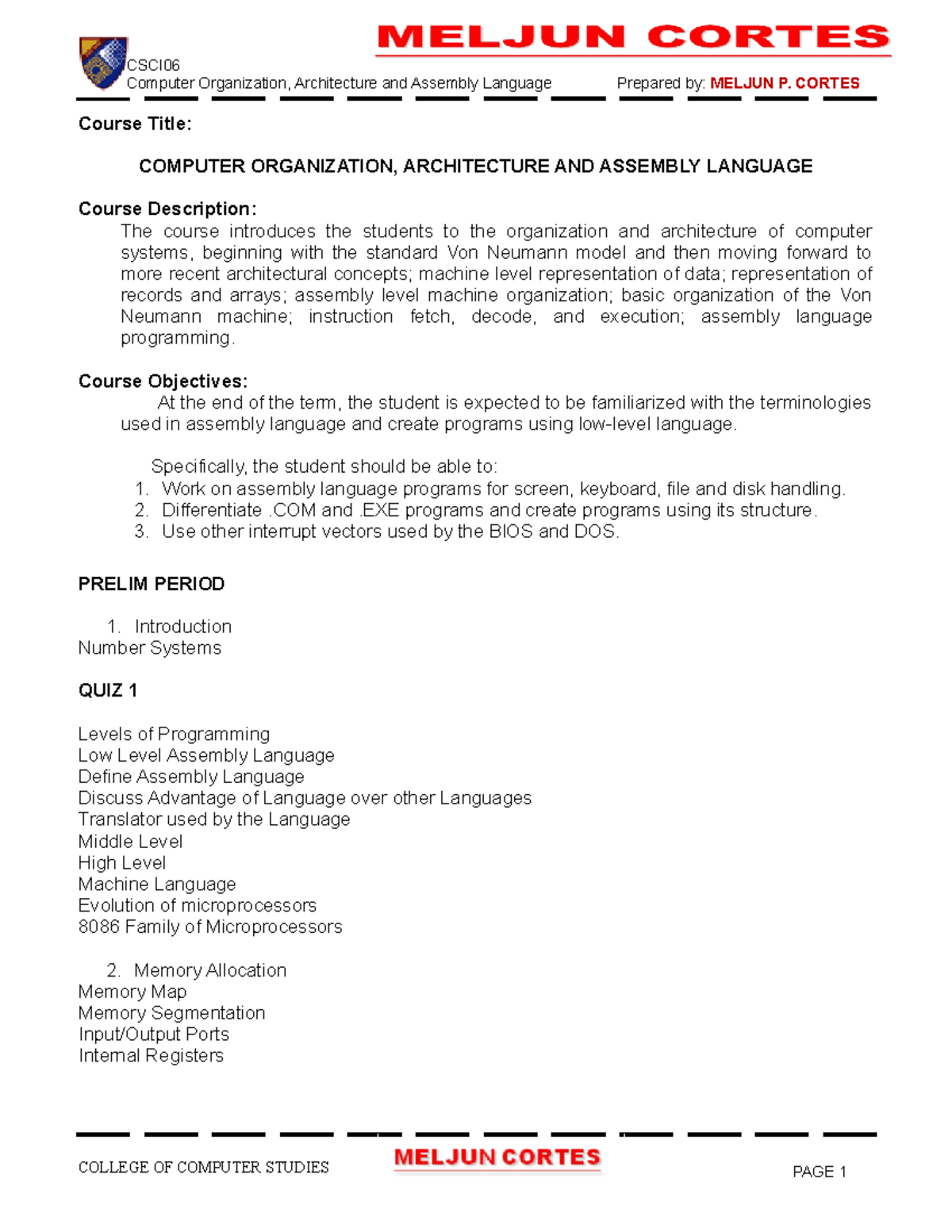 Instructional Manual Computer Organization Assembly Lang CSCI06 - Computer Organization, - Studocu