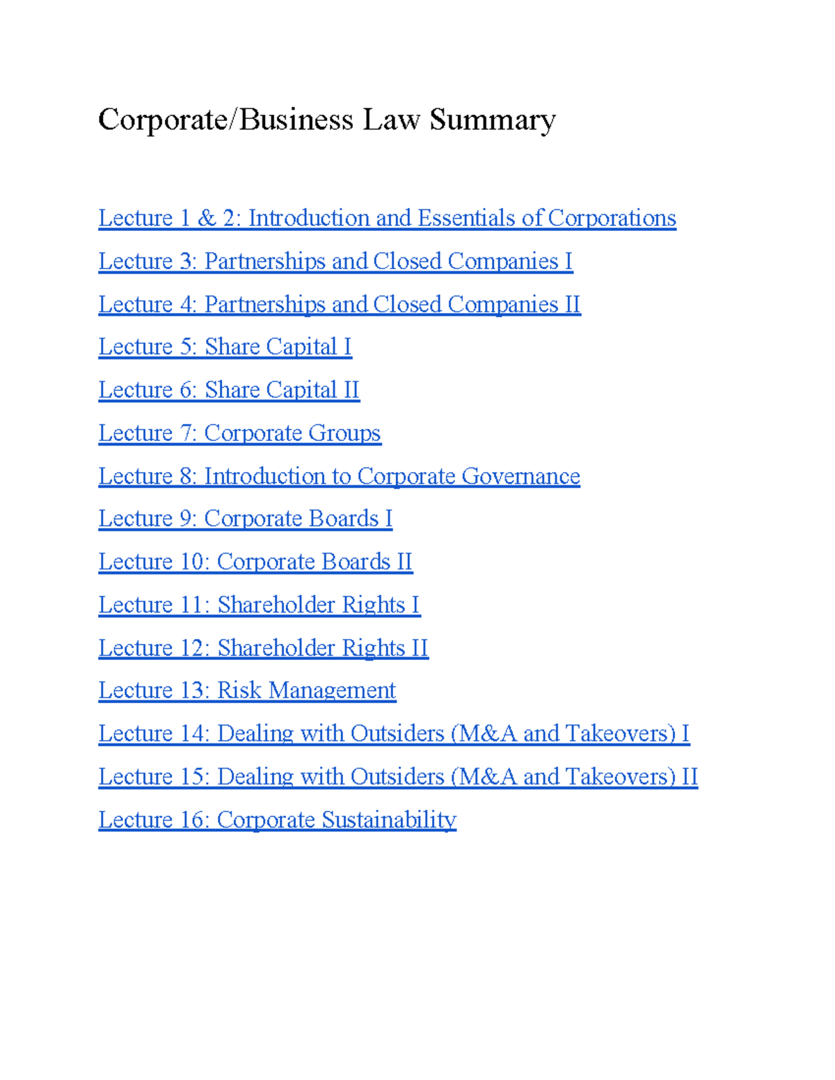 Corporate-Business Law Summary - Corporate/Business Law Summary Lecture ...