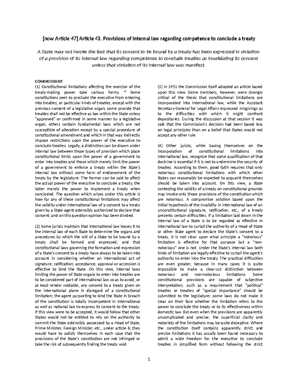 Commentary, Draft VCLT (Article 46) - [now Article 47] Article 43 ...