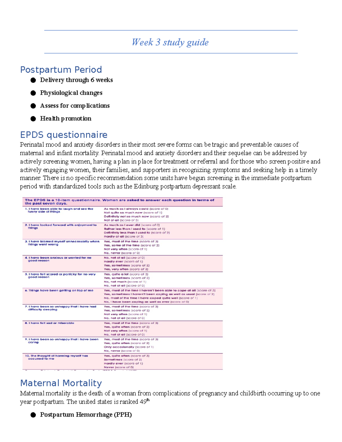 Week 3 study guide - Week 3 study guide Postpartum Period Delivery ...