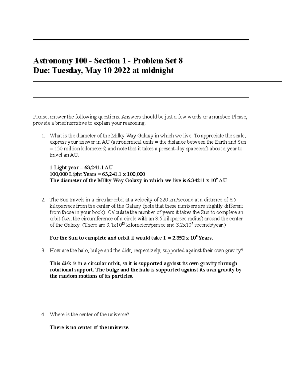 Hw8 - Homework - Astronomy 100 - Section 1 - Problem Set 8 Due: Tuesday ...
