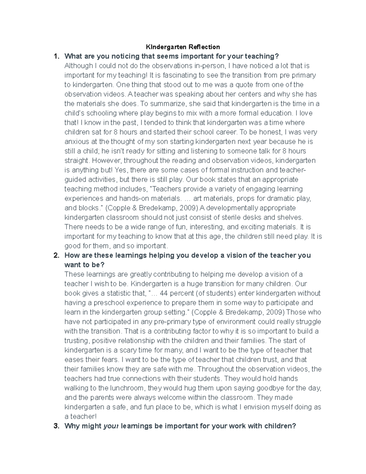 KIndergarten Reflection. learning through play in kindergarten ...