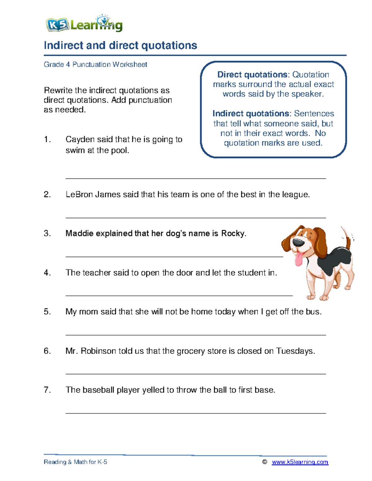 Grade 4 quotations b - direct and indirect worksheet - Indirect and ...