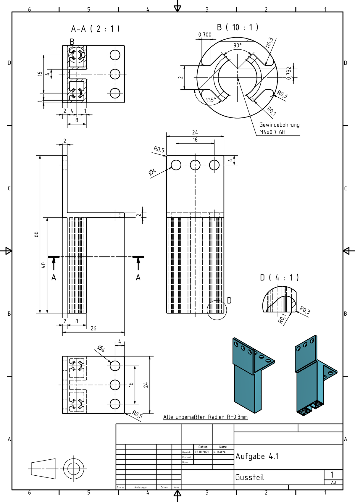 Zeichnung 4-1-Gussteil - A-A ( 2 : 1 ) B ( 10 : 1 ) D ( 4 : 1 ) 1 1 2 2 ...