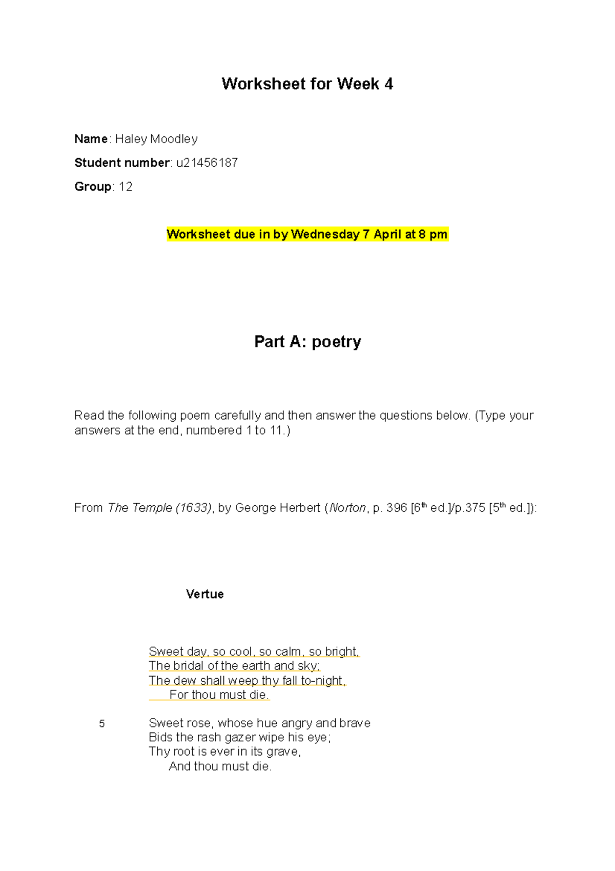 Week 4 prac completed - weekly worksheet answers for the English course ...